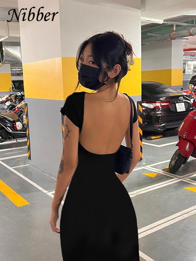 Elegant Solid Backless Maxi Dress Nibber Women's Streetwear with Short ...